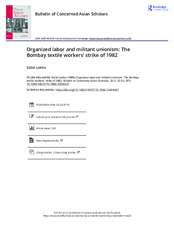 (PDF) Organized labor and militant unionism: The Bombay textile workers ...