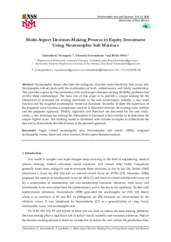 (PDF) Multi-Aspect Decision-Making Process in Equity Investment Using Neutrosophic Soft Matrices