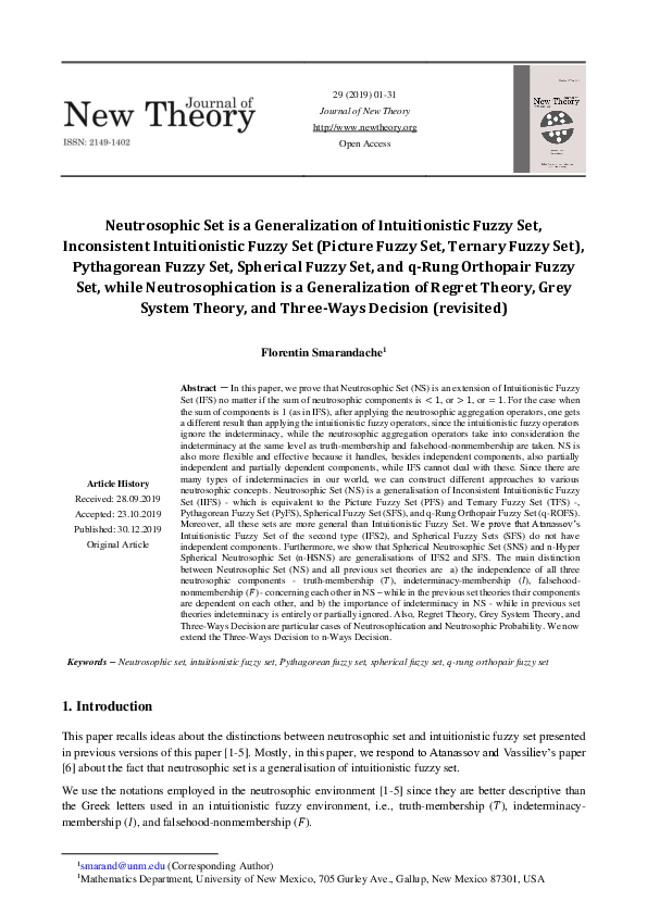 Pdf Neutrosophic Set Is A Generalization Of Intuitionistic Fuzzy Set Inconsistent