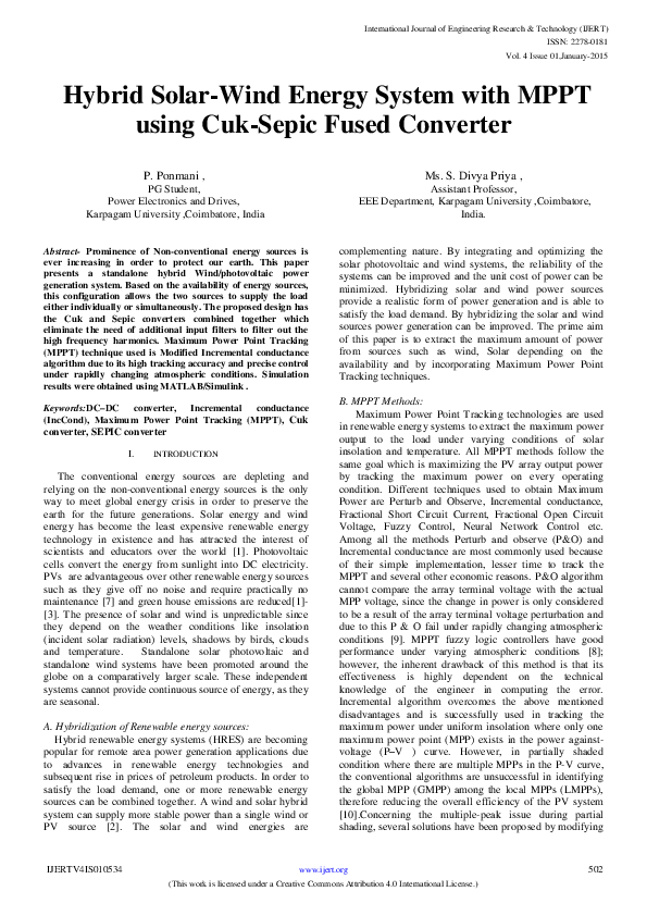 (PDF) IJERT-Hybrid Solar-Wind Energy System with MPPT using Cuk-Sepic Fused Converter
