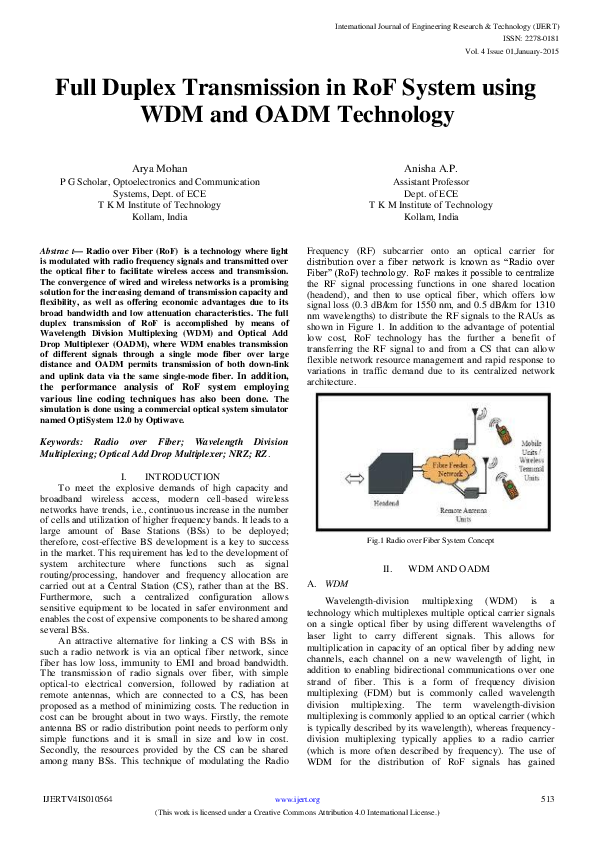 (PDF) IJERT-Full Duplex Transmission in RoF System using WDM and OADM Technology