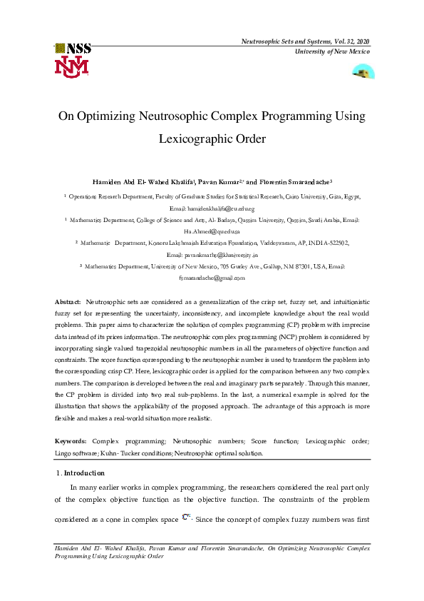 (PDF) On Optimizing Neutrosophic Complex Programming Using Lexicographic Order