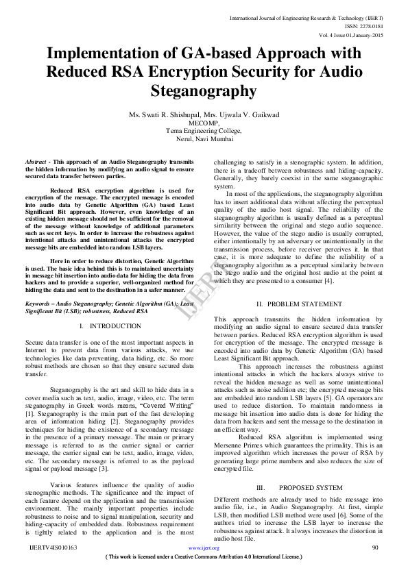 Pdf Ijert Implementation Of Ga Based Approach With Reduced Rsa Encryption Security For Audio