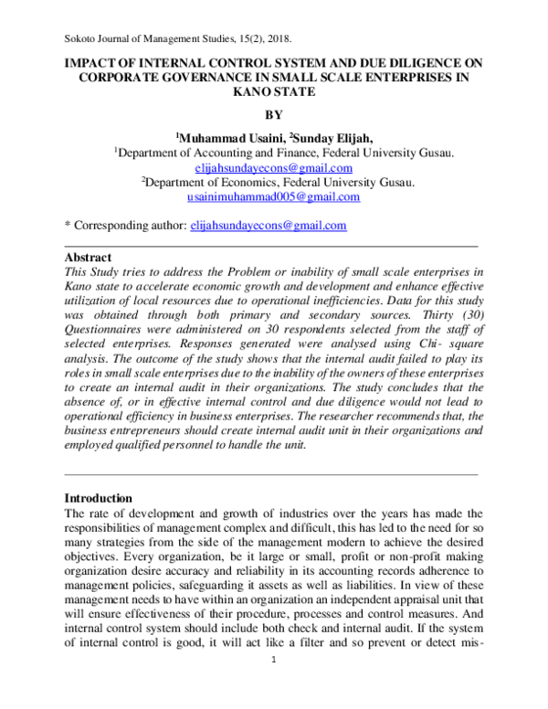 (PDF) IMPACT OF INTERNAL CONTROL SYSTEM AND DUE DILIGENCE ON CORPORATE GOVERNANCE IN SMALL SCALE ...