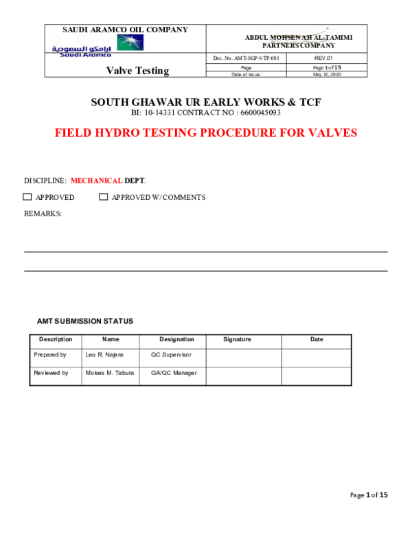 (DOC) FIELD HYDRO TESTING PROCEDURE FOR VALVES AMT SUBMISSION STATUS