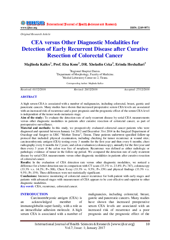 (PDF) CEA versus Other Diagnostic Modalities for Detection of Early ...