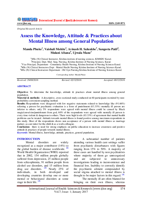 (PDF) Assess the Knowledge, Attitude & Practices about Mental Illness among General Population