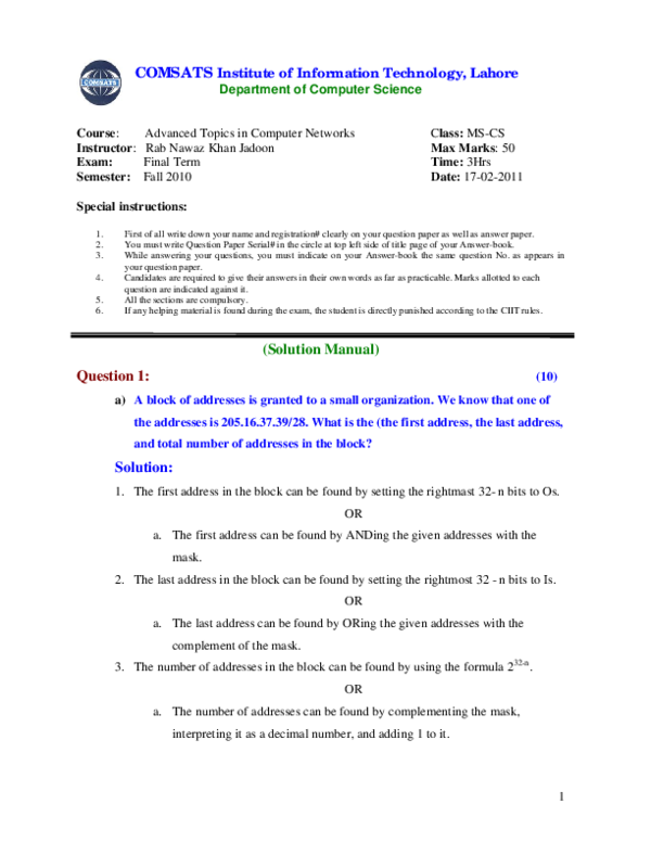 (PDF) sample questions and solutions on networking