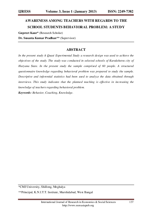 (PDF) AWARENESS AMONG TEACHERS WITH REGARDS TO THE SCHOOL STUDENTS ...