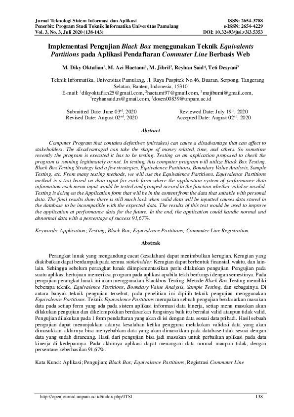 (PDF) Implementasi Pengujian Black Box menggunakan Teknik Equivalents Partitions pada Aplikasi ...