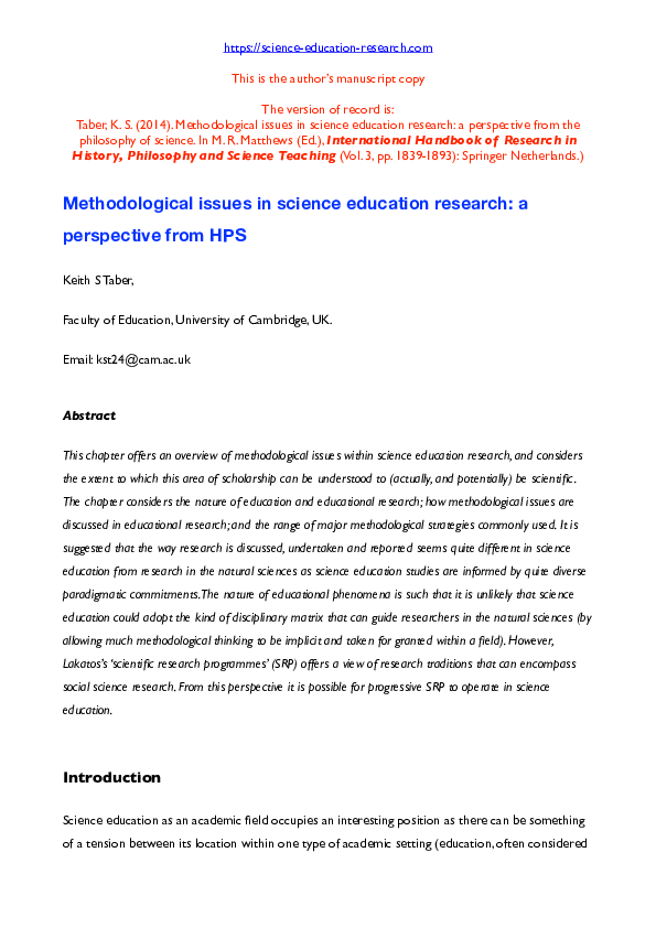 (PDF) Methodological issues in science education research: a perspective from the philosophy of ...