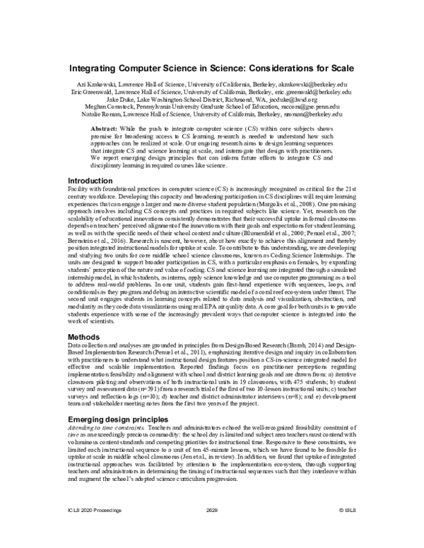 (PDF) Integrating Computer Science in Science: Considerations for Scale