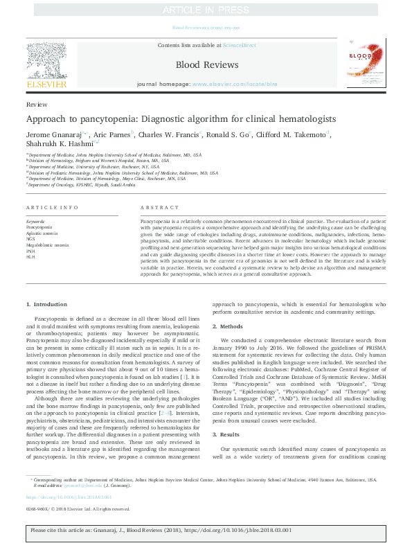 (PDF) Approach to pancytopenia: Diagnostic algorithm for clinical ...
