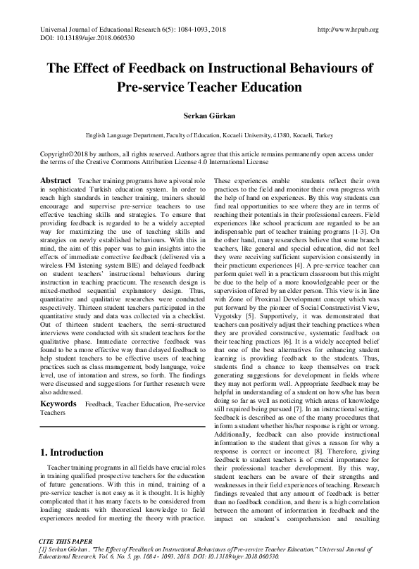 (PDF) The Effect of Feedback on Instructional Behaviours of Pre-service ...