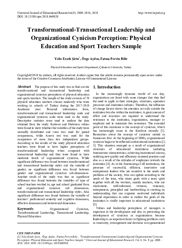 (PDF) Transformational-Transactional Leadership and Organizational Cynicism Perception: Physical ...