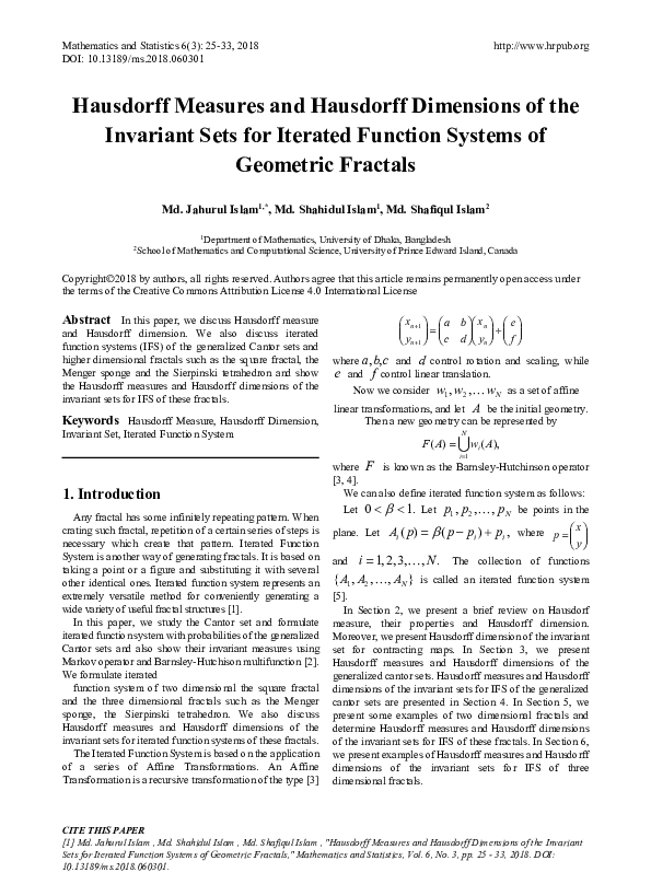 (PDF) Hausdorff Measures and Hausdorff Dimensions of the Invariant Sets for Iterated Function ...