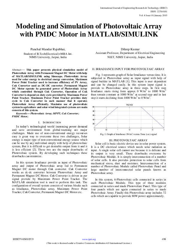 Pdf Ijert Modeling And Simulation Of Photovoltaic Array With Pmdc Motor In Matlab Simulink