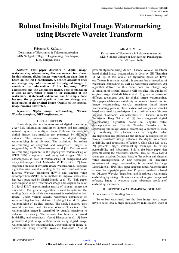 Pdf Ijert Robust Invisible Digital Image Watermarking Using Discrete Wavelet Transform