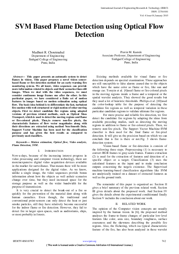 Pdf Ijert Svm Based Flame Detection Using Optical Flow Detection Ijert Journal
