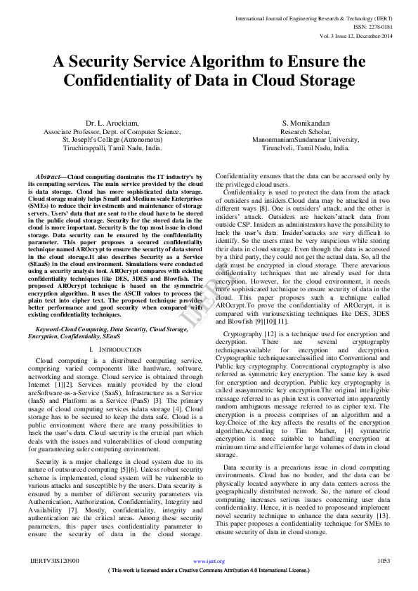 Pdf Ijert A Security Service Algorithm To Ensure The Confidentiality Of Data In Cloud Storage