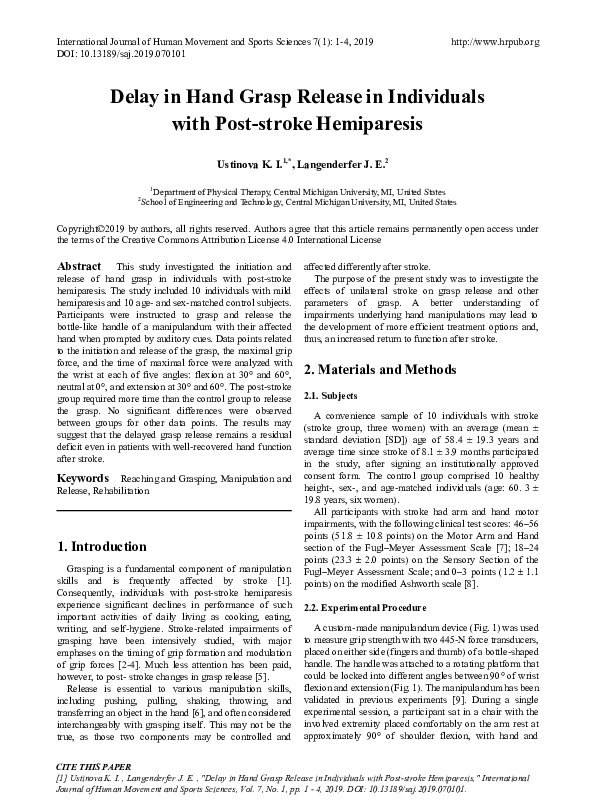 (PDF) Delay in Hand Grasp Release in Individuals with Post-stroke ...