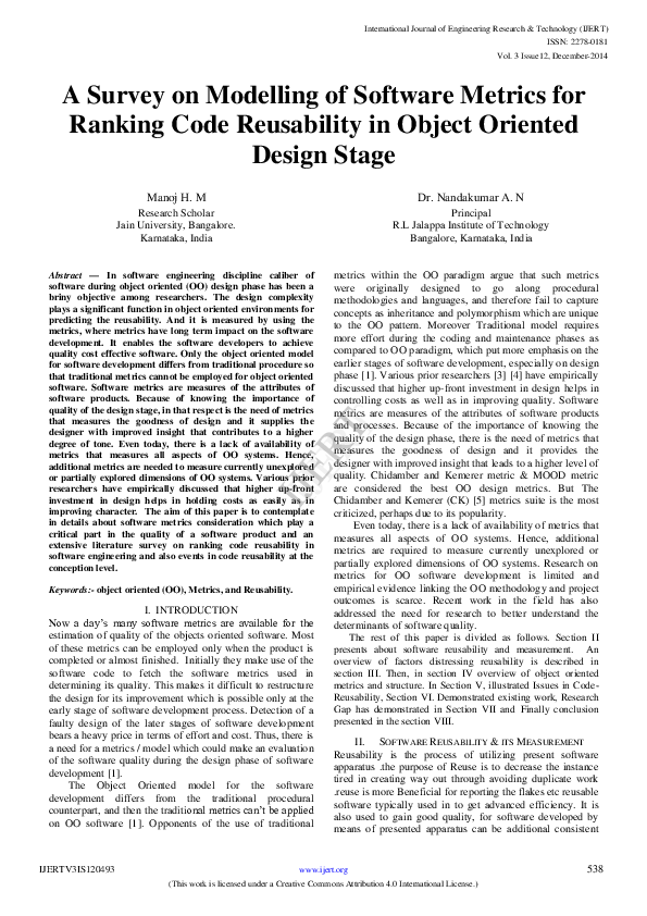 Pdf Ijert A Survey On Modelling Of Software Metrics For Ranking Code Reusability In Object