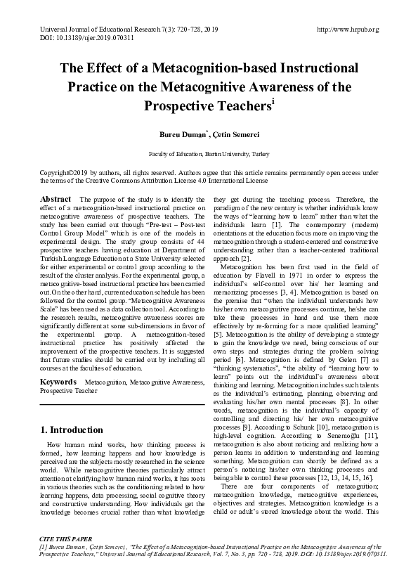 Pdf The Effect Of A Metacognition Based Instructional Practice On The Metacognitive Awareness