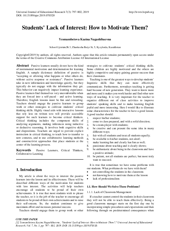 (PDF) Students' Lack of Interest: How to Motivate Them