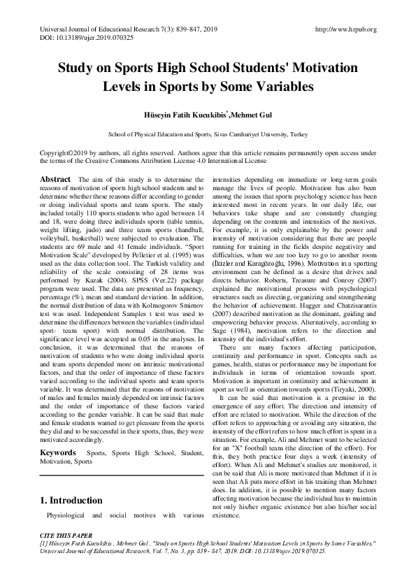 (PDF) Study on Sports High School Students' Motivation Levels in Sports ...