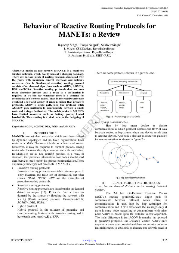 Pdf Ijert Behavior Of Reactive Routing Protocols For Manets A Review