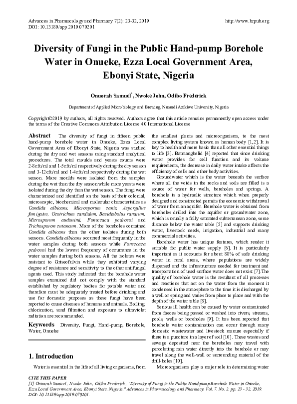(PDF) Diversity of Fungi in the Public Hand-pump Borehole Water in ...