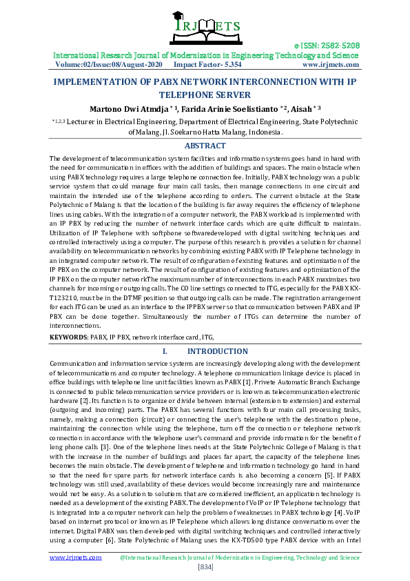 (PDF) IMPLEMENTATION OF PABX NETWORK INTERCONNECTION WITH IP TELEPHONE SERVER