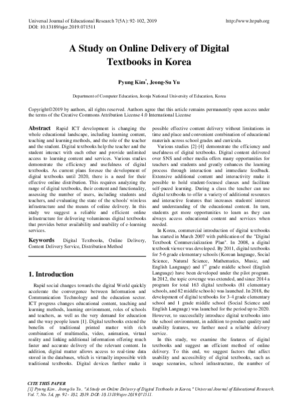 (PDF) A Study on Online Delivery of Digital Textbooks in Korea