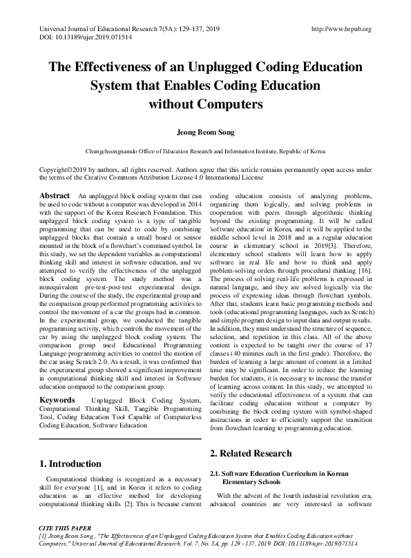 (PDF) The Effectiveness of an Unplugged Coding Education System that ...