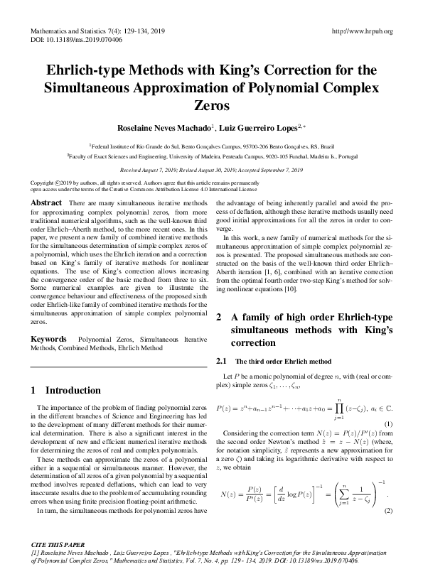 Pdf Ehrlich Type Methods With Kings Correction For The Simultaneous Approximation Of