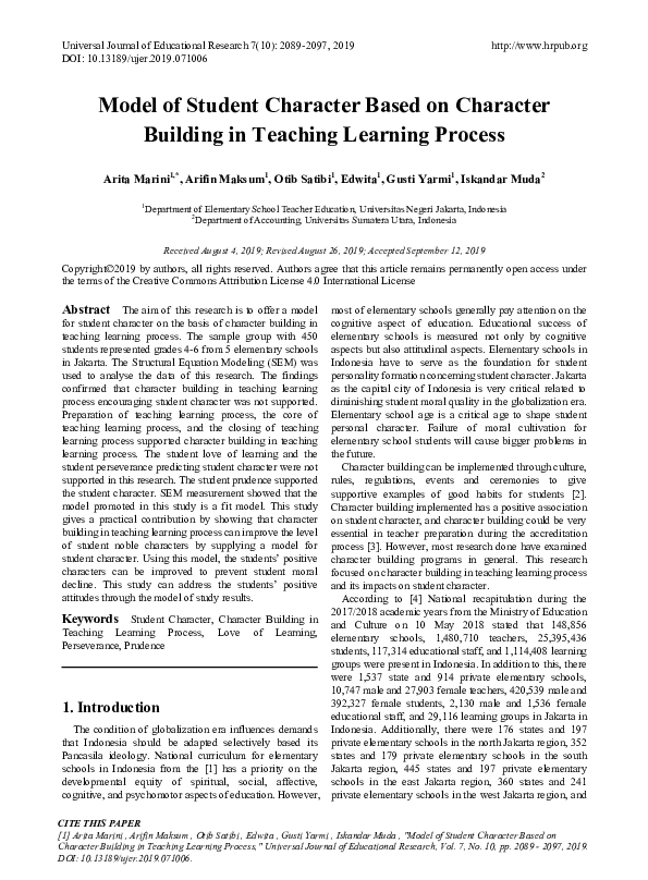(PDF) Model of Student Character Based on Character Building in ...