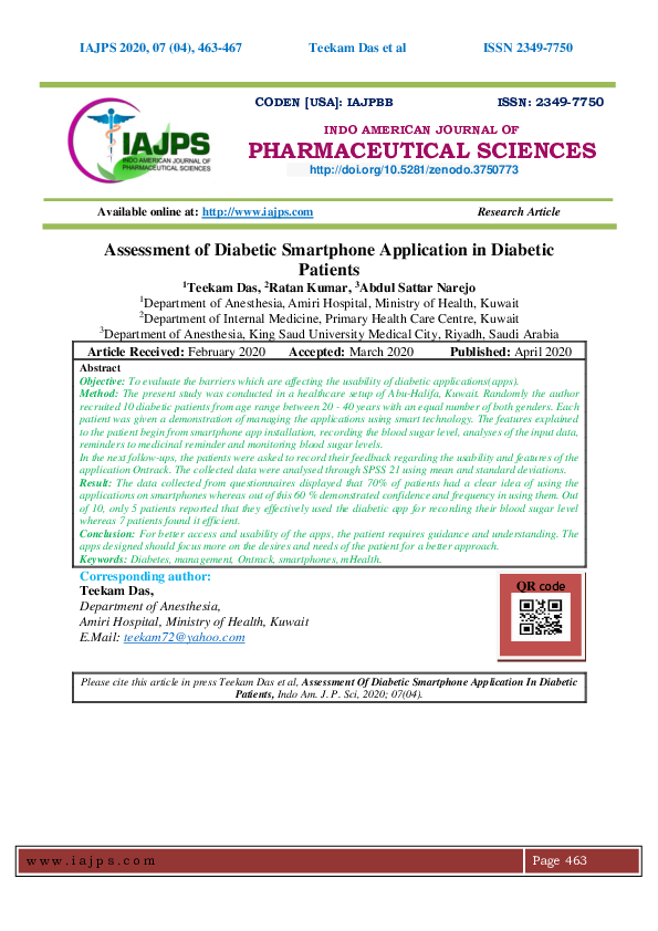 (PDF) Assessment of Diabetic Smartphone Application in Diabetic ...