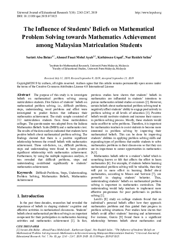 (PDF) The Influence of Students' Beliefs on Mathematical Problem ...