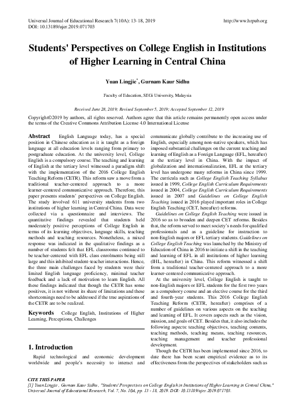 (PDF) Students' Perspectives on College English in Institutions of ...