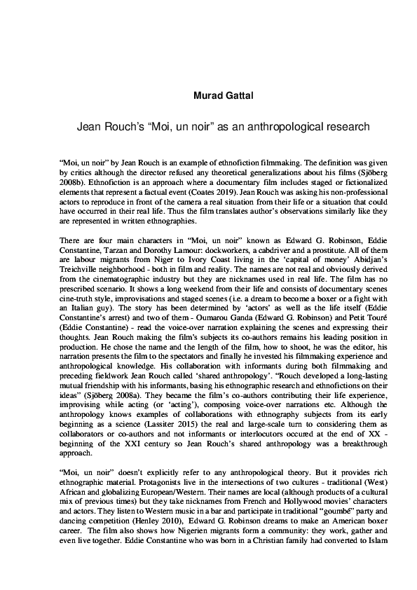(PDF) Jean Rouch’s “Moi, un noir” as an anthropological research