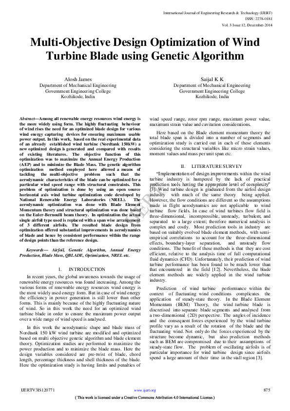 Pdf Multi Objective Design Optimization Of Wind Turbine Blade Using Genetic Algorithm Alosh