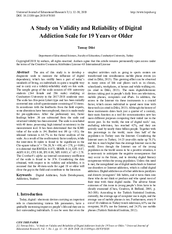 (PDF) A Study on Validity and Reliability of Digital Addiction Scale ...