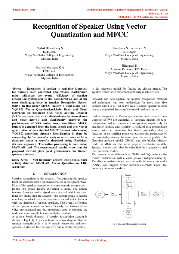 Pdf Ijert Recognition Of Speaker Using Vector Quantization And Mfcc Ijert Journal