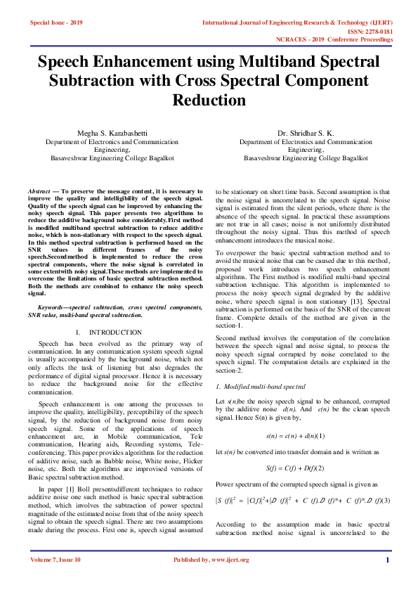 Pdf Ijert Speech Enhancement Using Multiband Spectral Subtraction With Cross Spectral