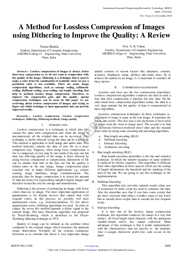 Pdf Ijert A Method For Lossless Compression Of Images Using Dithering