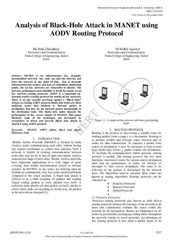 Pdf Ijert Analysis Of Black Hole Attack In Manet Using Aodv Routing Protocol