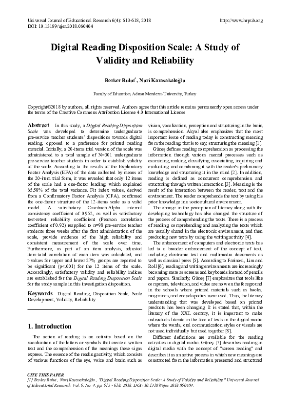(PDF) Digital Reading Disposition Scale: A Study of Validity and Reliability | Horizon Research ...