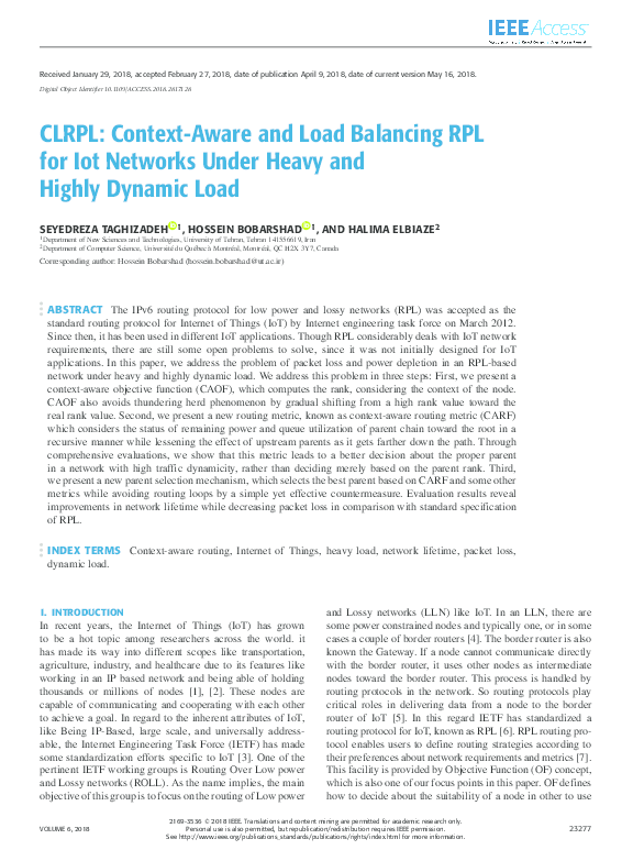 Pdf Clrpl Context Aware And Load Balancing Rpl For Iot Networks