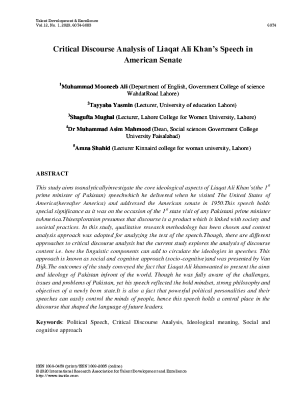 (PDF) Critical Discourse Analysis of Liaqat Ali Khan's Speech in ...