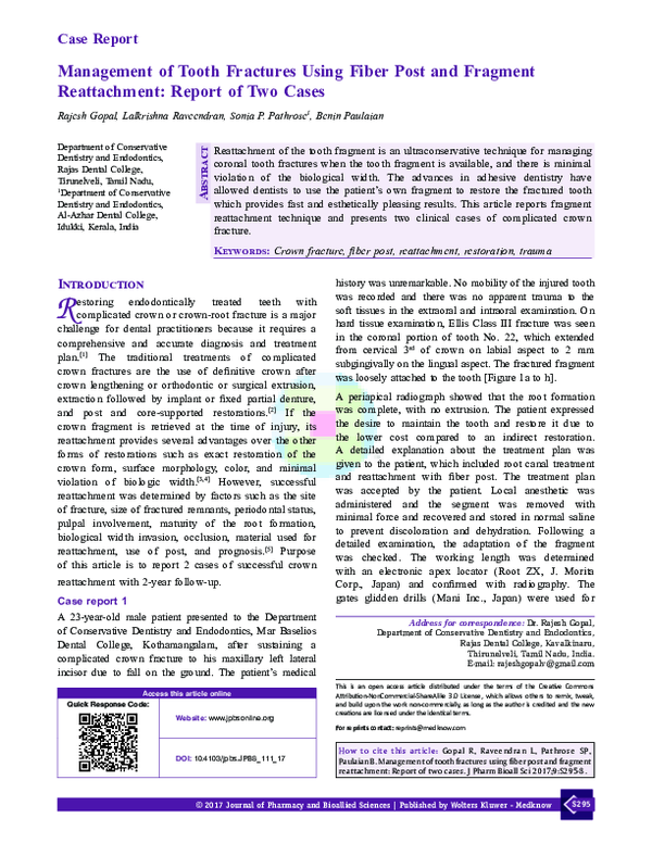 (PDF) Management of Tooth Fractures Using Fiber Post and Fragment ...